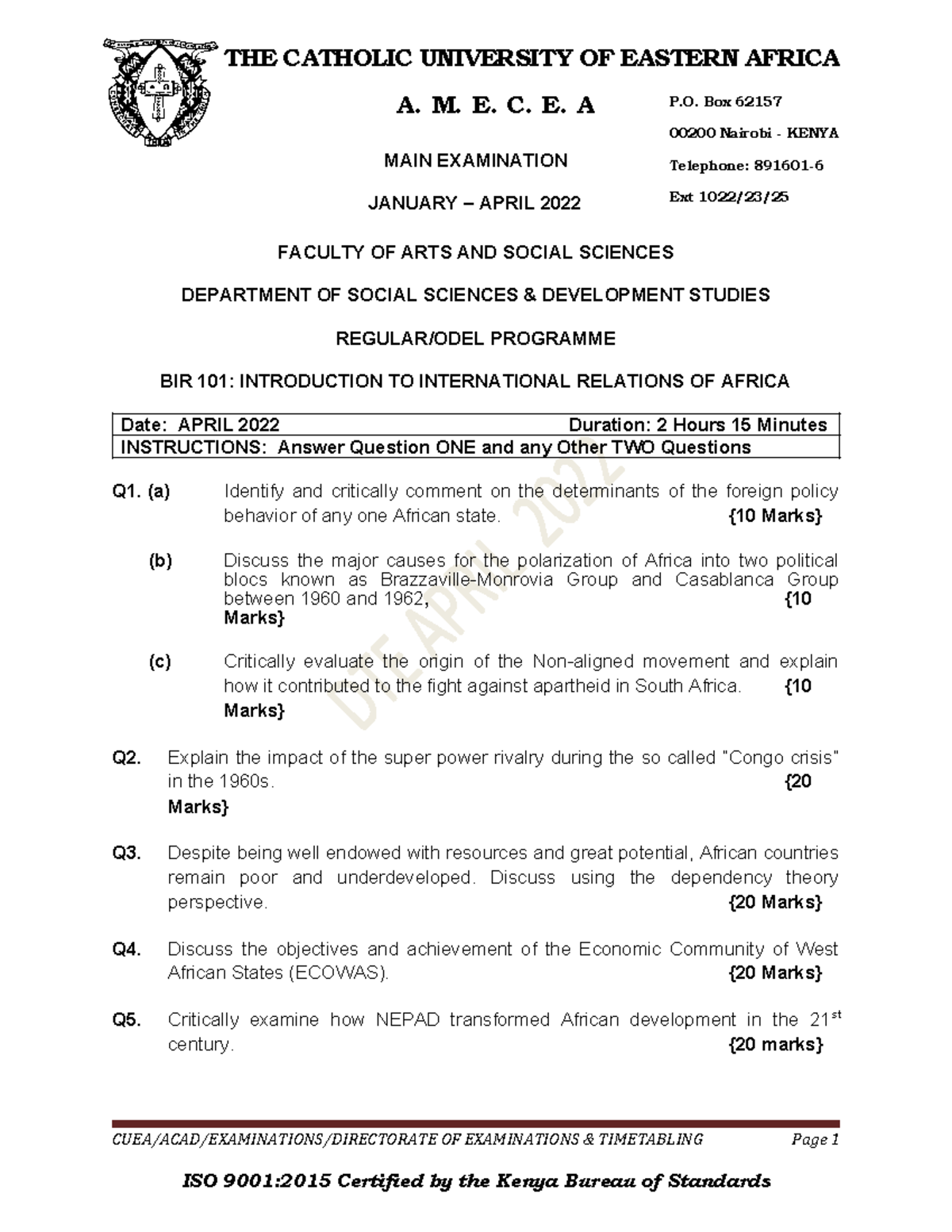 BIR 101 - question - THE CATHOLIC UNIVERSITY OF EASTERN AFRICA MAIN ...