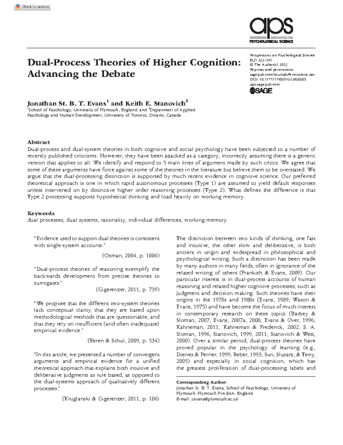 Evans & Stanovich 2013 Cognitive processes - Perspectives on ...