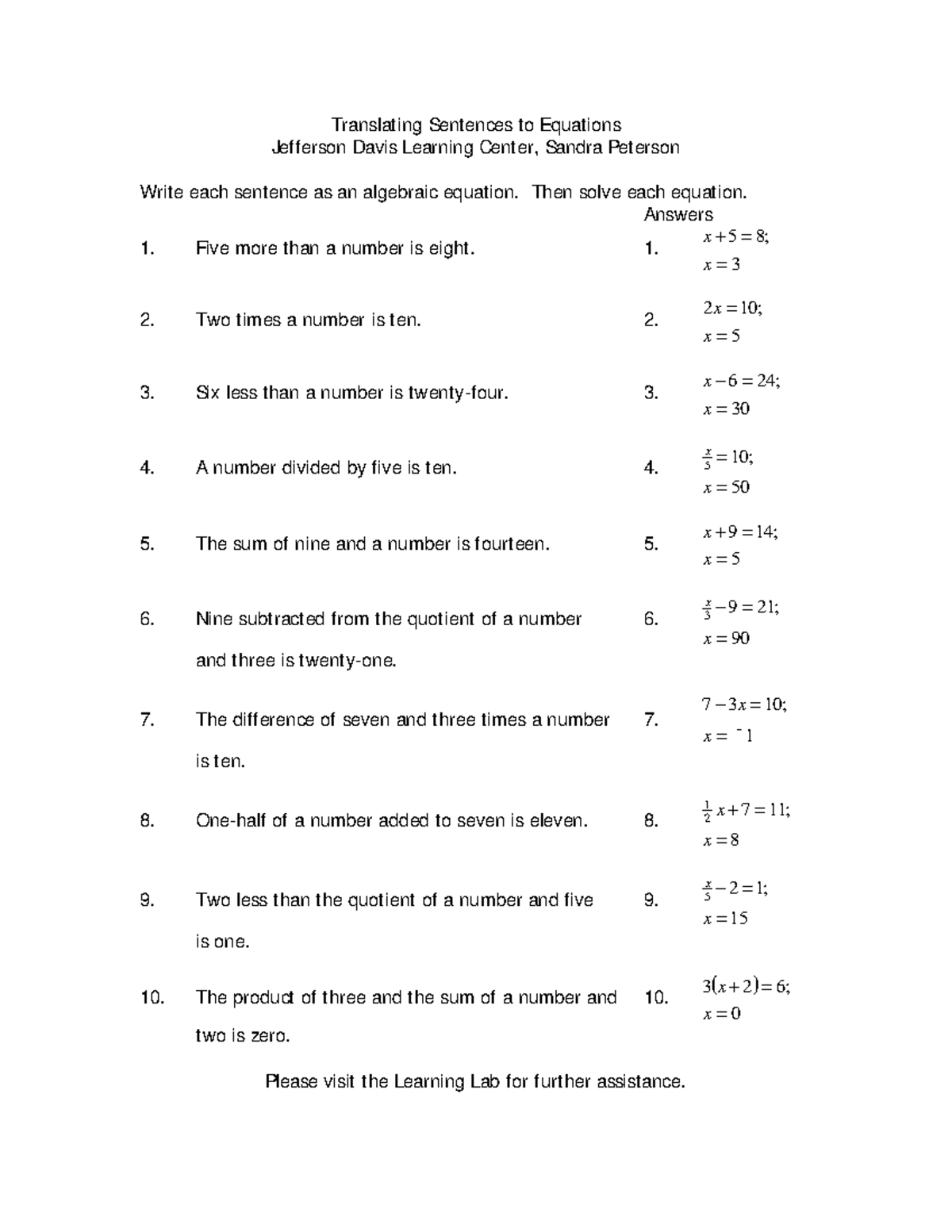 Transequ - Jefferson Davis Learning Center, Sandra PetersonTranslating ...