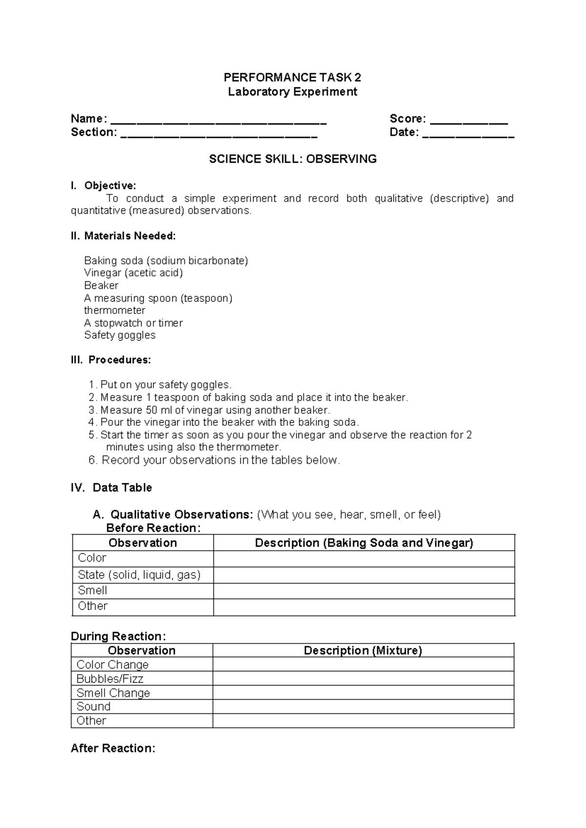 Performance TASK 2 - Laboratory Worksheet facilitated by a teacher - PERFORMANCE TASK 2 ...