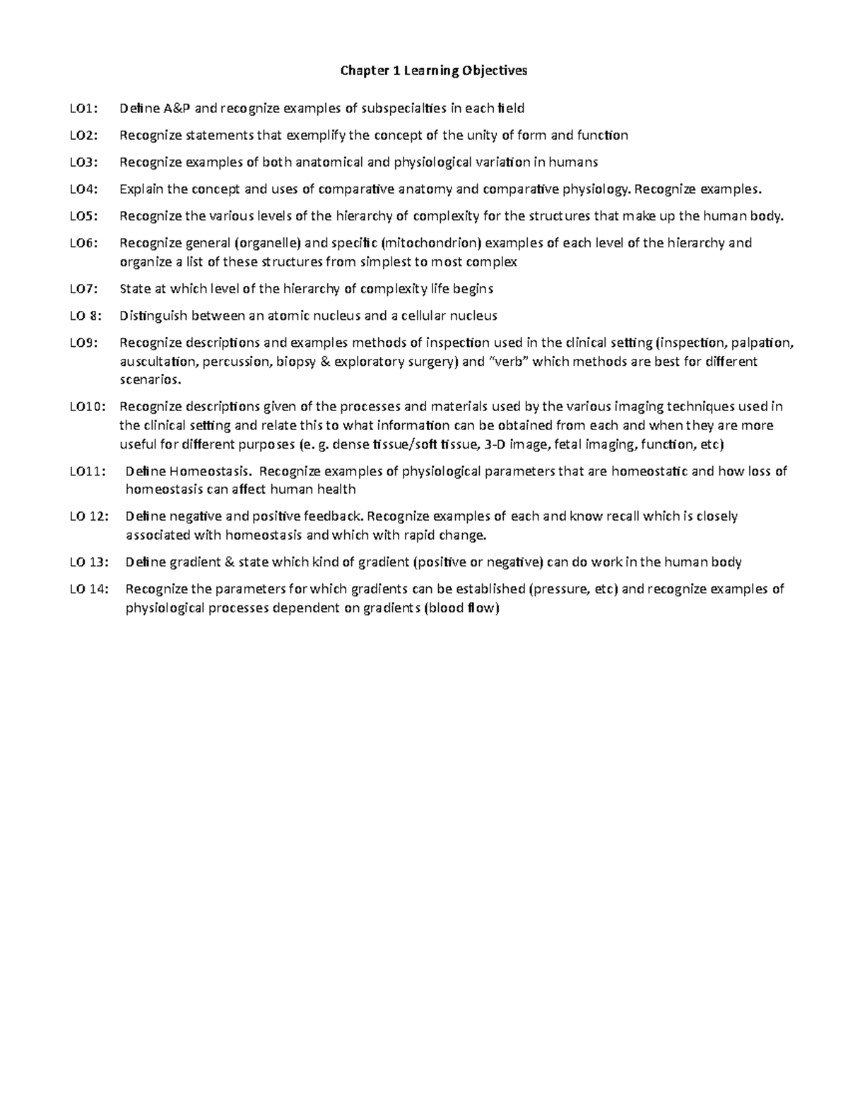Ch 1 Learning Objectives - Chapter 1 Learning Objectives LO1: Define A&P and recognize examples ...