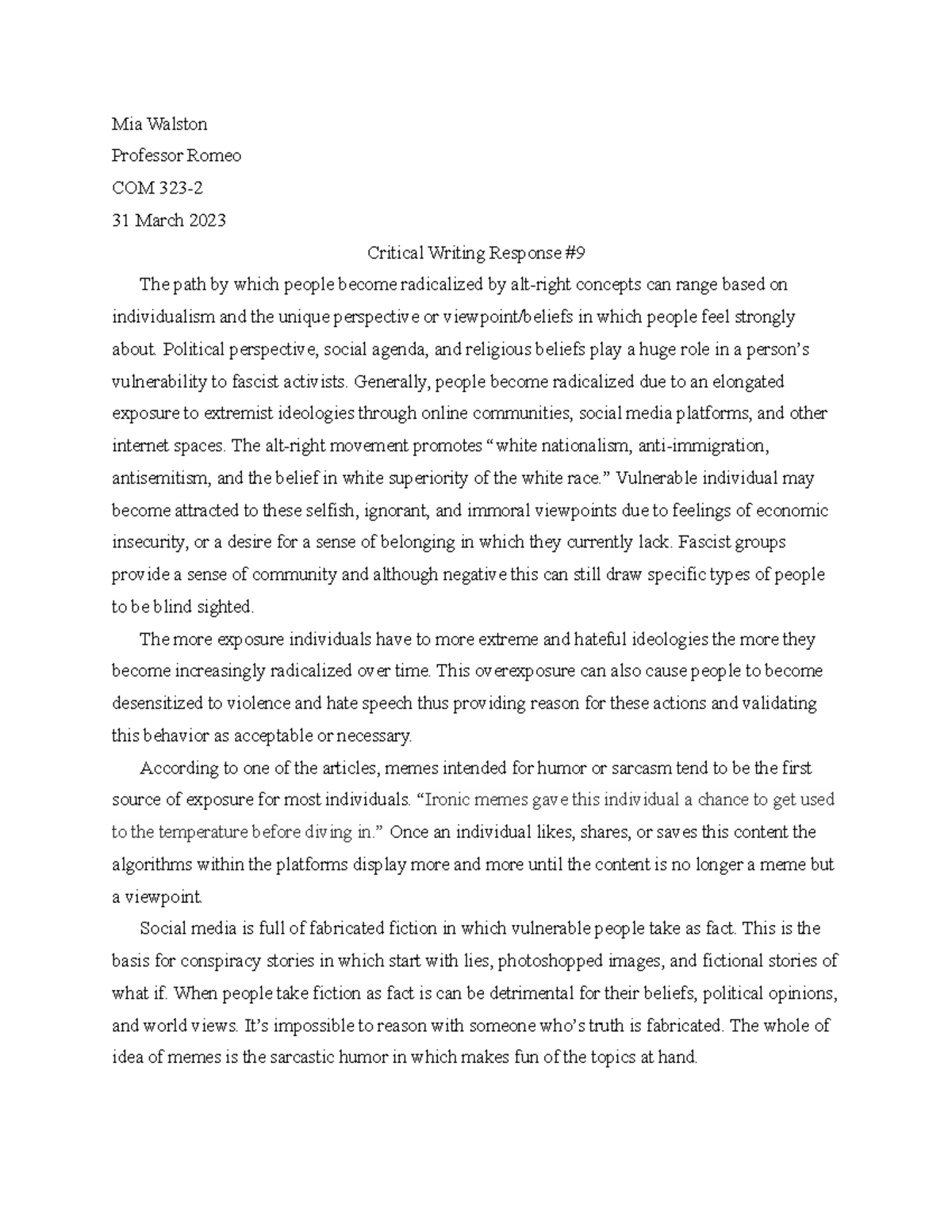 Critical Writing Response #9 - Mia Walston Professor Romeo COM 323- 31 ...