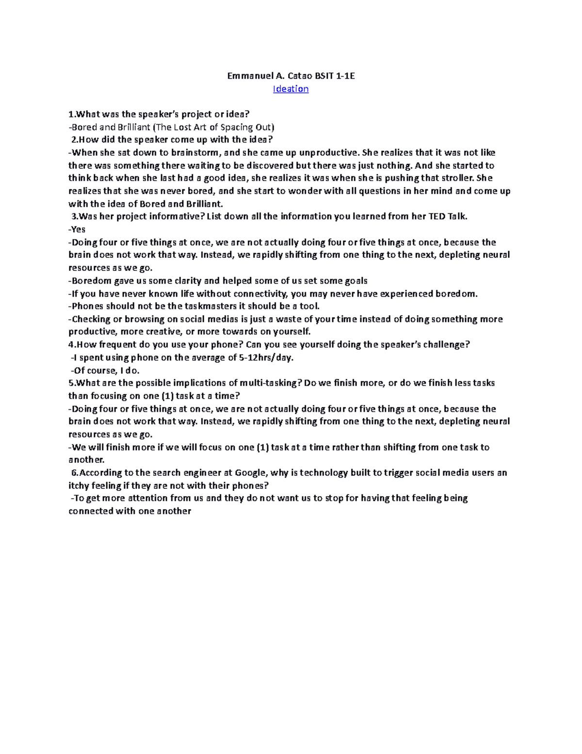 Emmanuel A - hi pogi - Emmanuel A. Catao BSIT 1-1E Ideation 1 was the ...