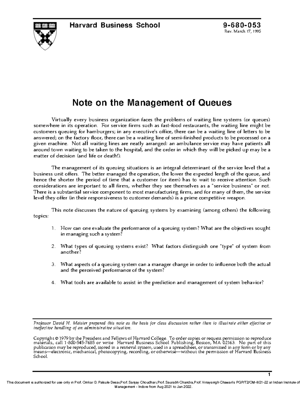 Reading Note on Queue - fac - Harvard Business School 9-680-05 3 Rev ...