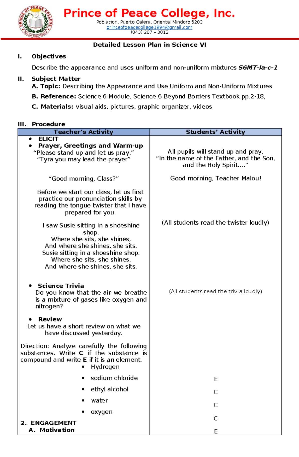 Detailed Lesson Plan in Science VI Ate Malou - Prince of Peace College ...