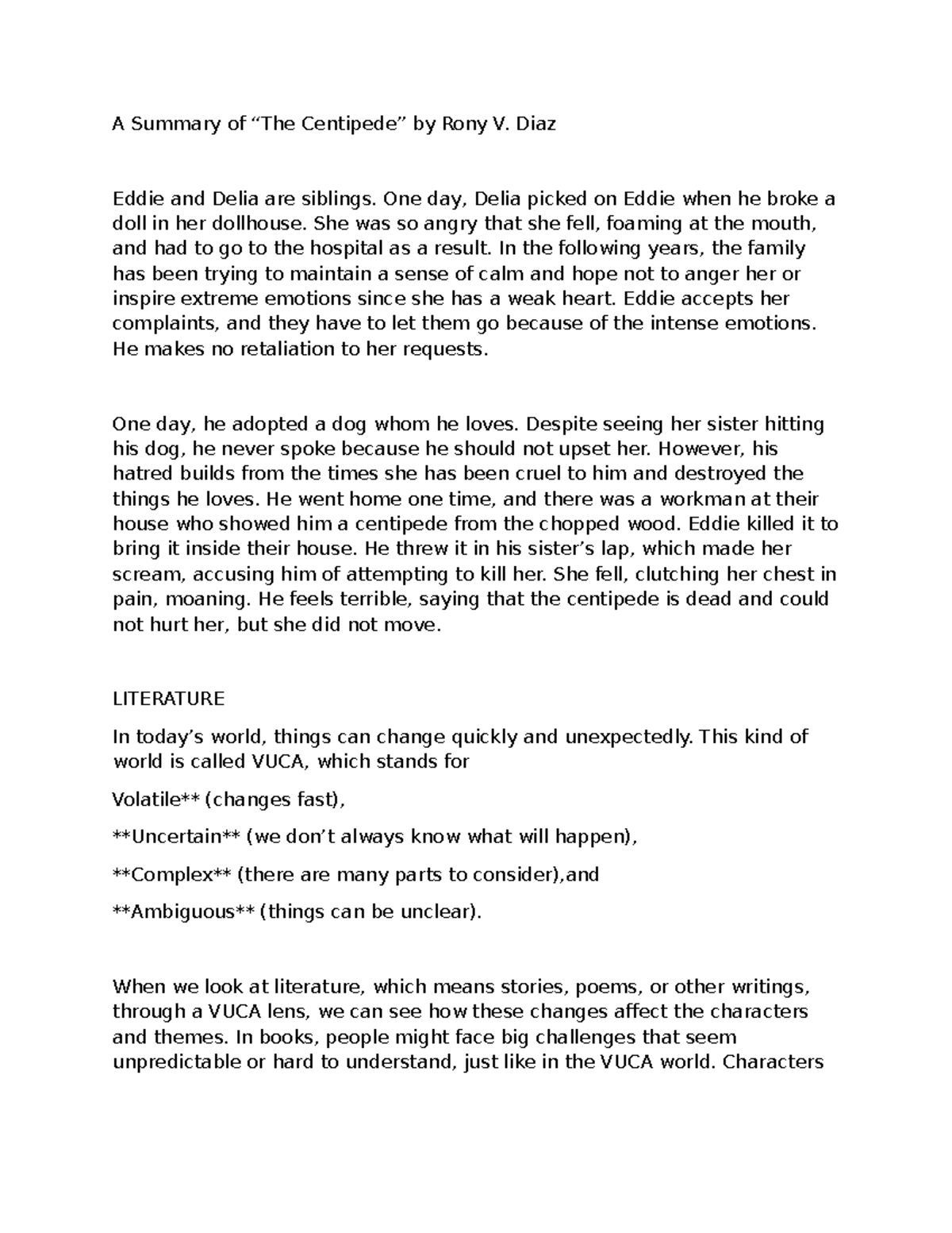 PISA Reading D6 - A Summary of “The Centipede” by Rony V. Diaz Eddie ...