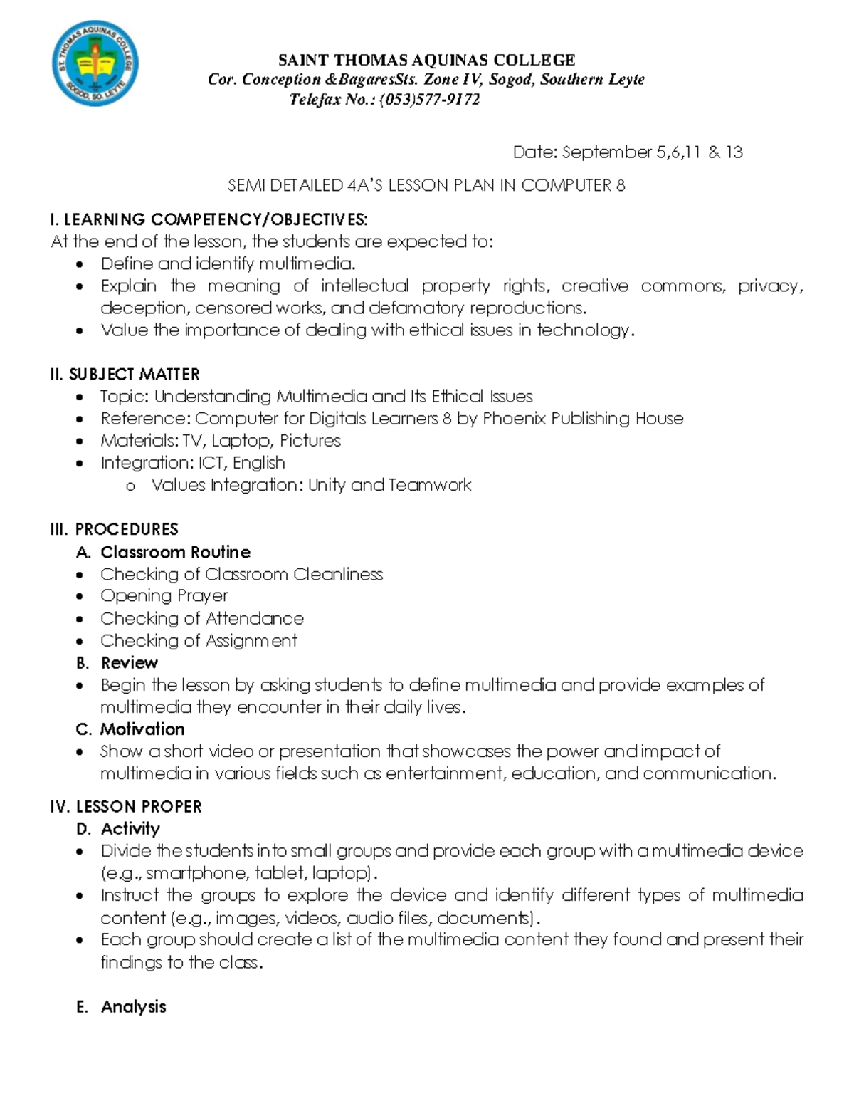 Computer 8 LP - LESSON PLAN - SAINT THOMAS AQUINAS COLLEGE Cor ...