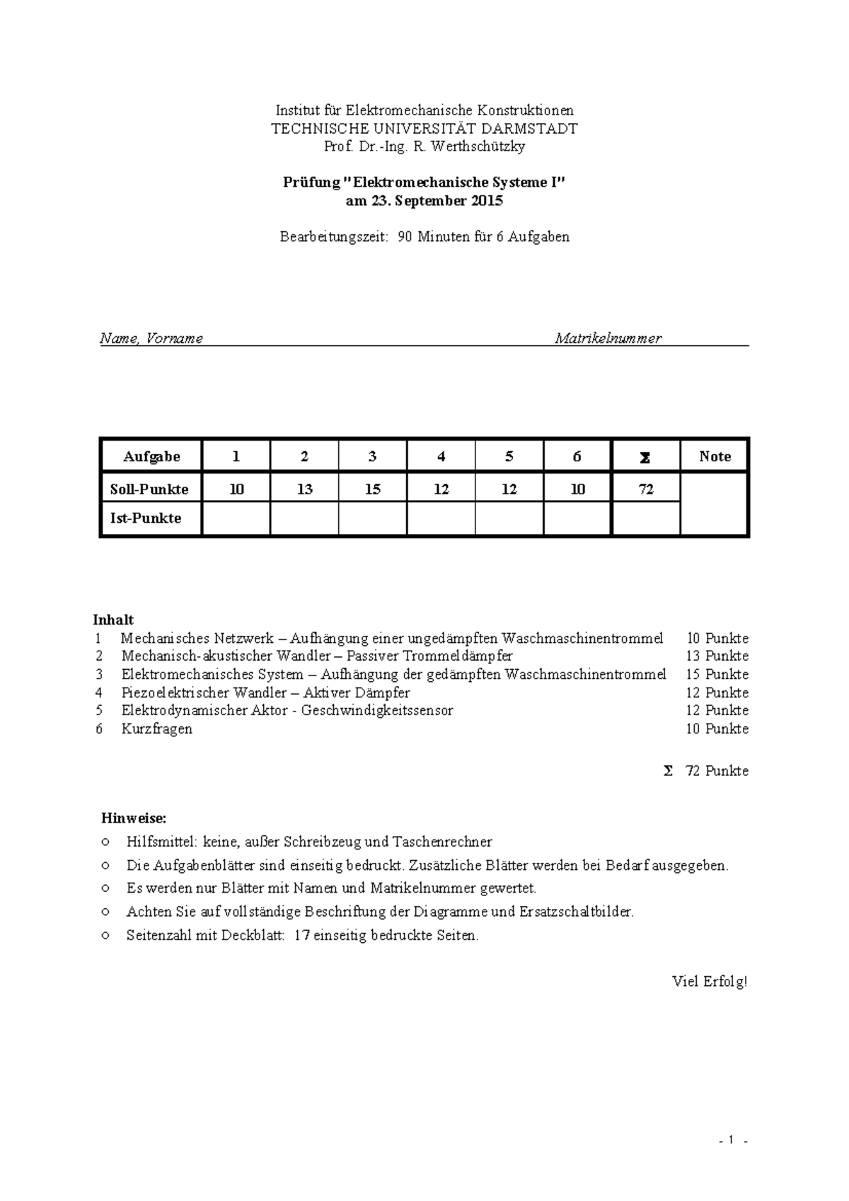 Klausur Sommersemester 2015, Fragen - Institut für Elektromechanische Konstruktionen TECHNISCHE ...
