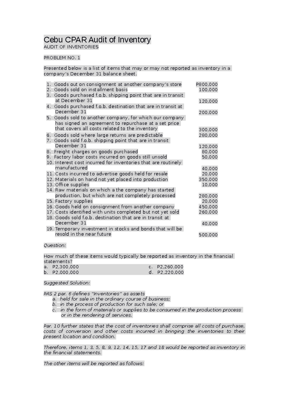 Audprob Inventories - Cebu CPAR Audit of Inventory AUDIT OF INVENTORIES ...