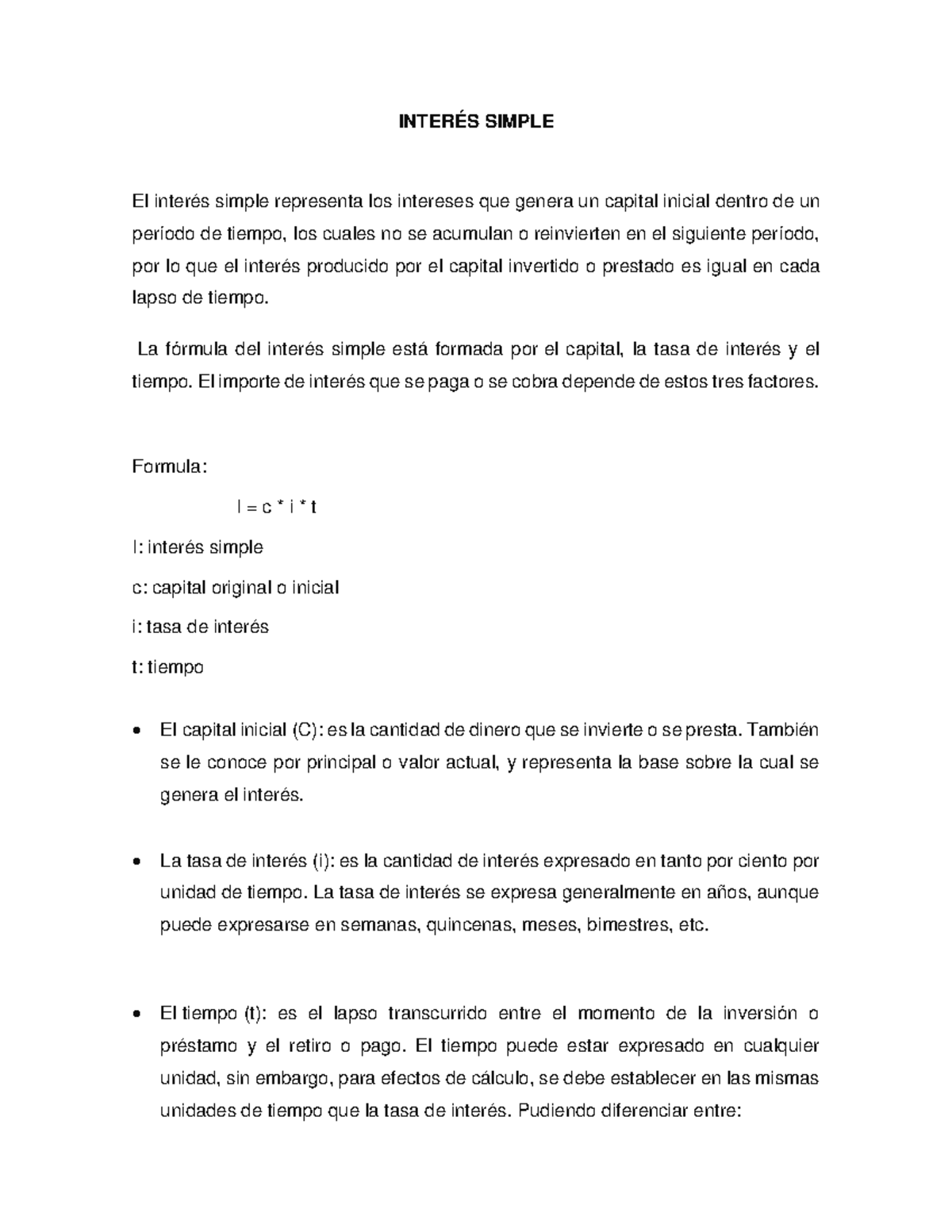 Interes simple - apuntes - INTERÉS SIMPLE El interés simple representa ...