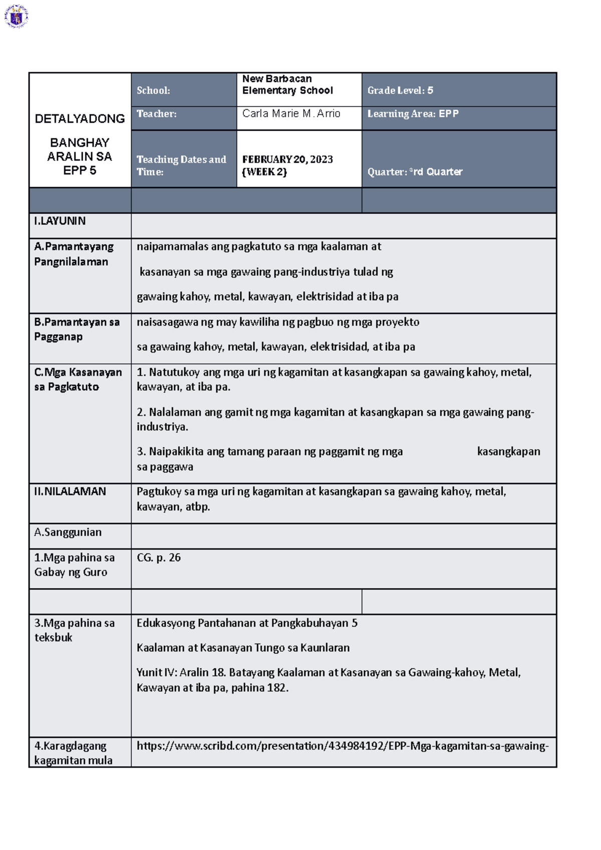 EPP 5 Elect at Metal Final - DETALYADONG BANGHAY ARALIN SA EPP 5 School ...