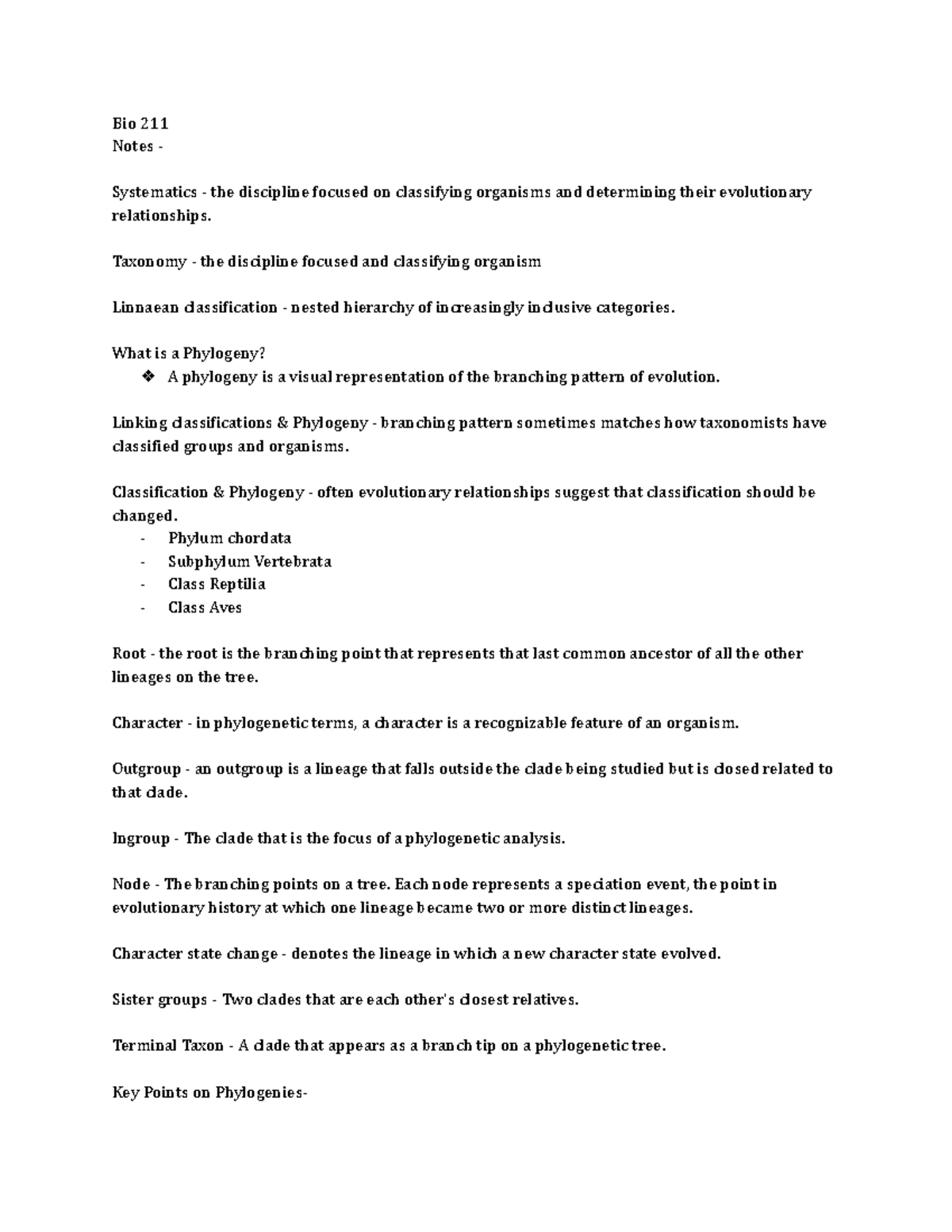Bio 211 - Notes 2 - Bio 211 Notes - Systematics - the discipline ...