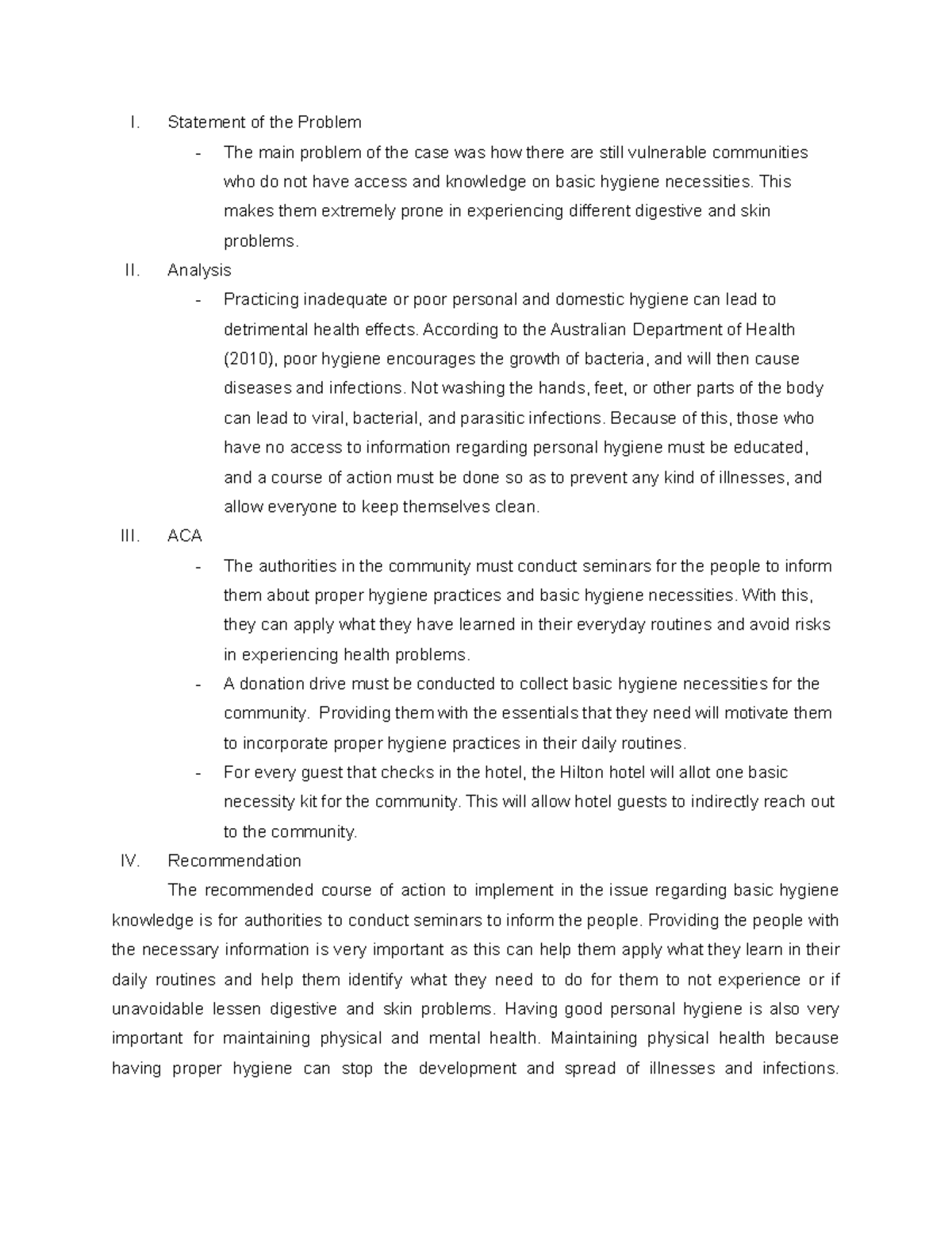 Case Study COBCSRG - I. Statement of the Problem - The main problem of ...