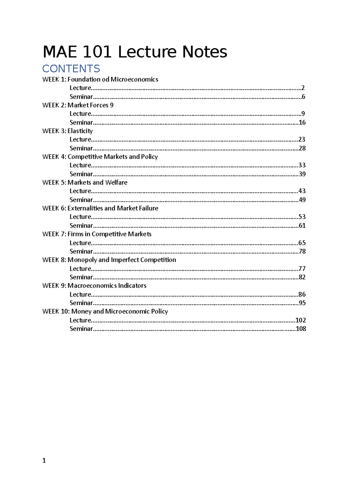 MAE 101 Lecture Notes - MAE 101 Lecture Notes CONTENTS WEEK 1 ...