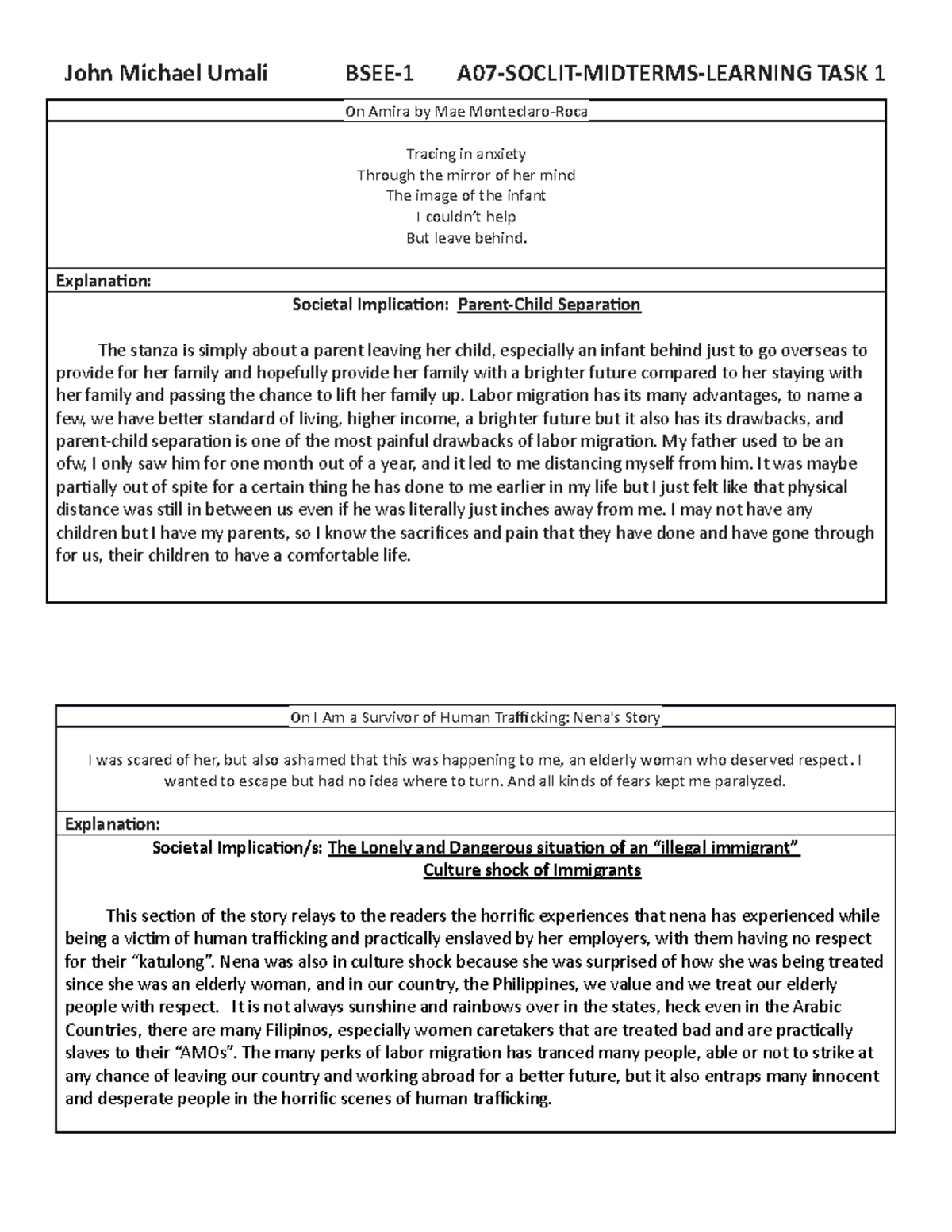 Soclit Midterms Umali LT1 - John Michael Umali BSEE-1 A07-SOCLIT ...