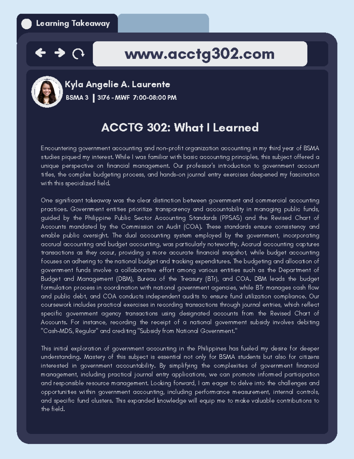 Acctg 302 Learning Takeaways - Kyla Angelie A. Laurente acctg302 Learning Takeaway BSMA 3 3176 ...