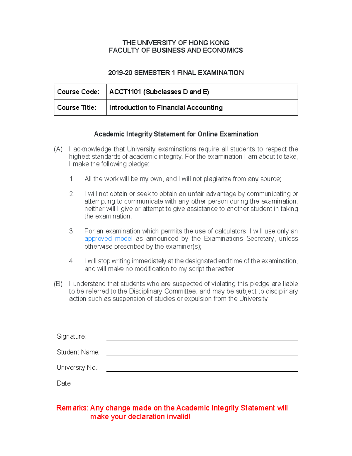 ACCT1101 DE Academic Integrity Statement for Online Examination - THE ...
