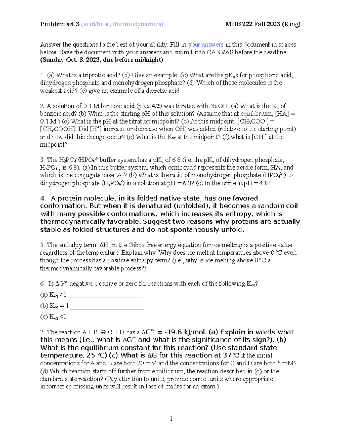 Problem set 2 DK sept302023 - Problem set 3 (acid/base, thermodynamics ...