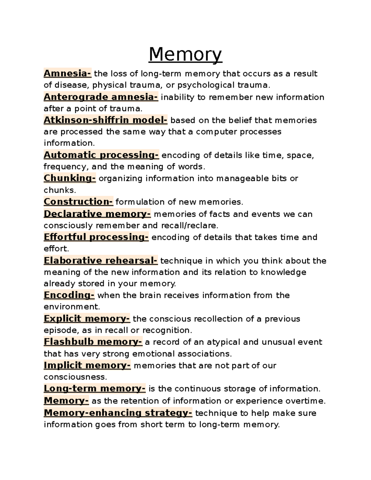 Psychology notes module 5 - Memory Amnesia- the loss of long-term ...