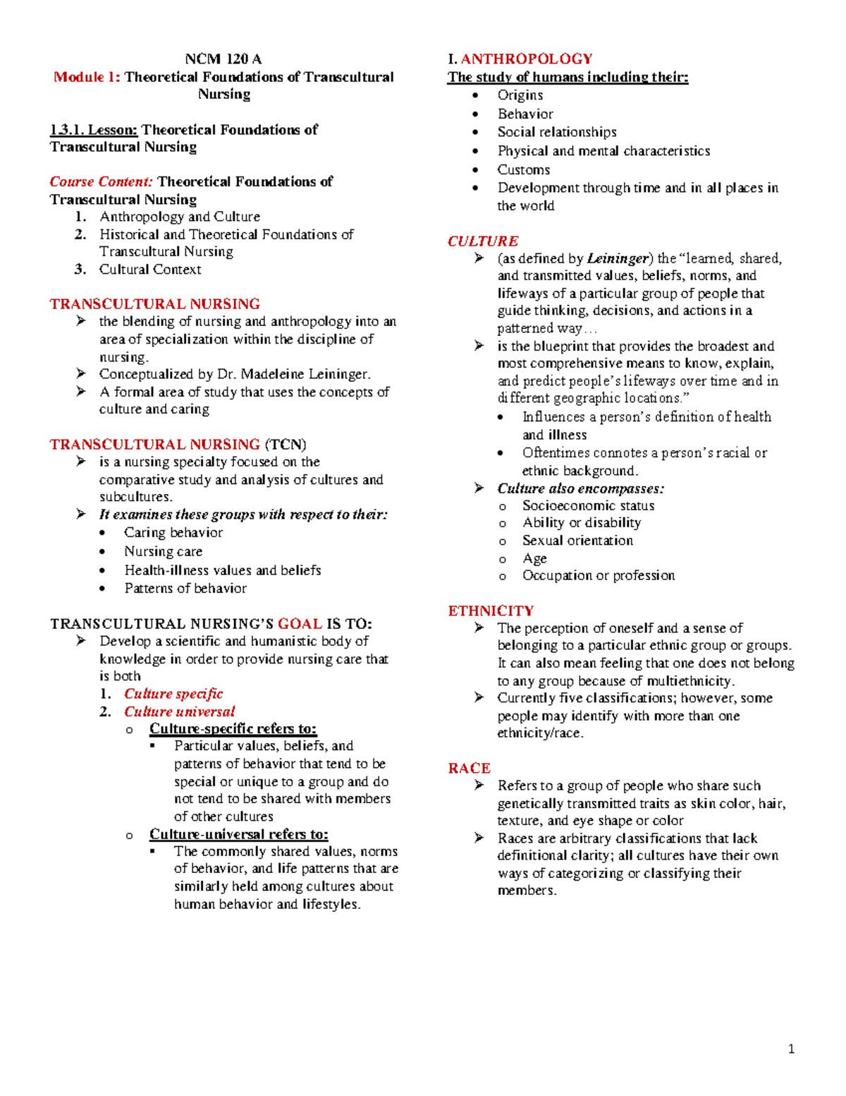 NCM 120 Transcultural Nursing Module 1 - NCM 120 A Module 1: Theoretical Foundations of - Studocu