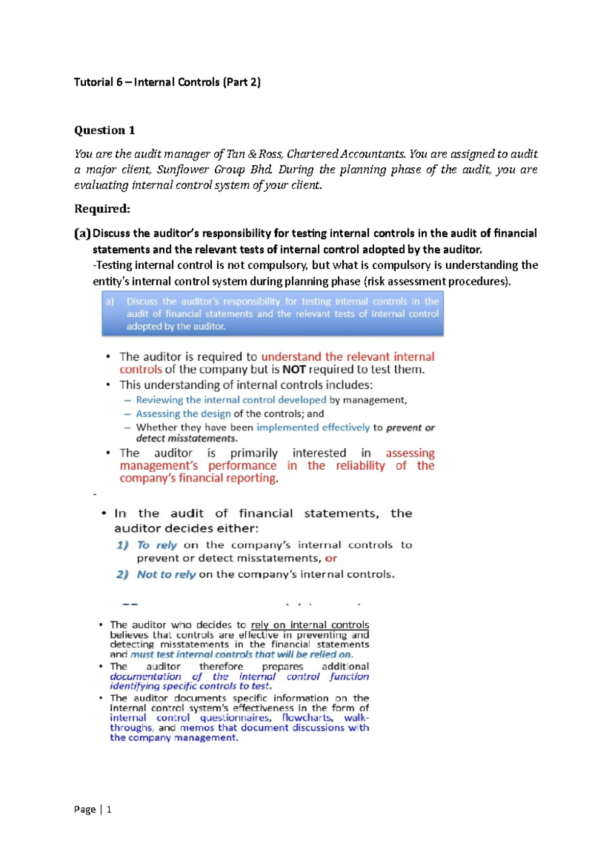 ACC 2034 - Tutorial 6 - Questions (Apr2022) - Tutorial 6 – Internal Controls (Part 2) Question 1 ...