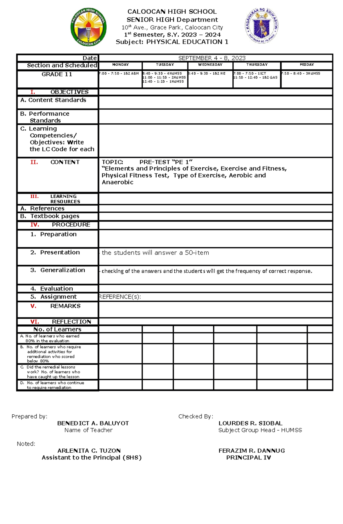 DLP - PE 1 - week 1 - Lesson plan - CALOOCAN HIGH SCHOOL SENIOR HIGH ...