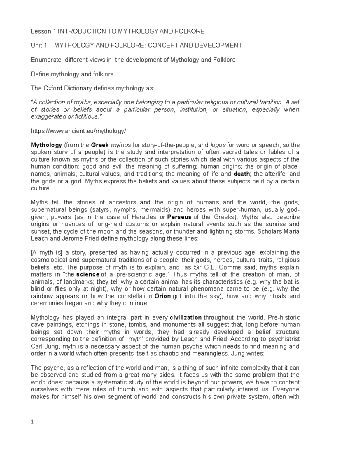 Mythology and Folklore - Lesson 1 INTRODUCTION TO MYTHOLOGY AND FOLKORE ...