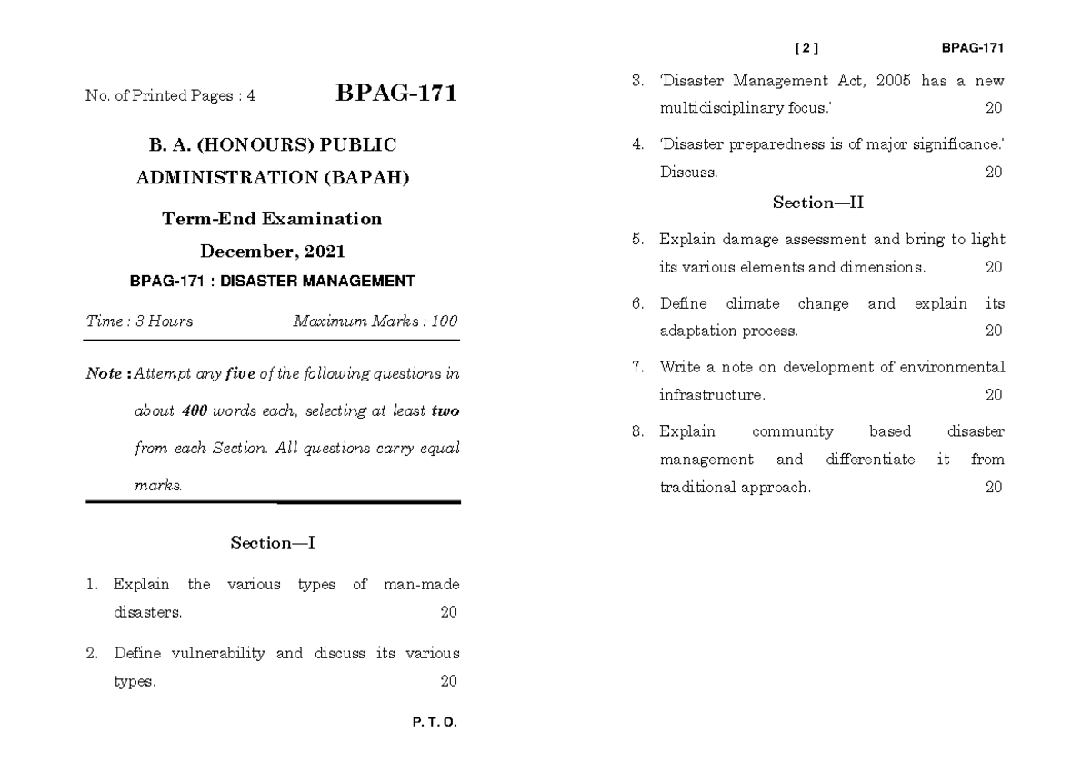 BPAG-171 - Assignment questions - P. T. O. No. of Printed Pages : 4 ...