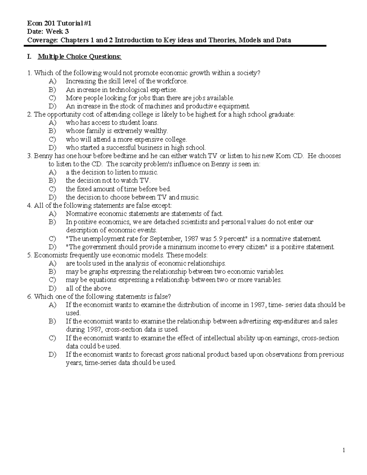 201-tutorial-1 - .tutotrial questions yup - Econ 201 Tutorial # Date: Week 3 Coverage: Chapters ...