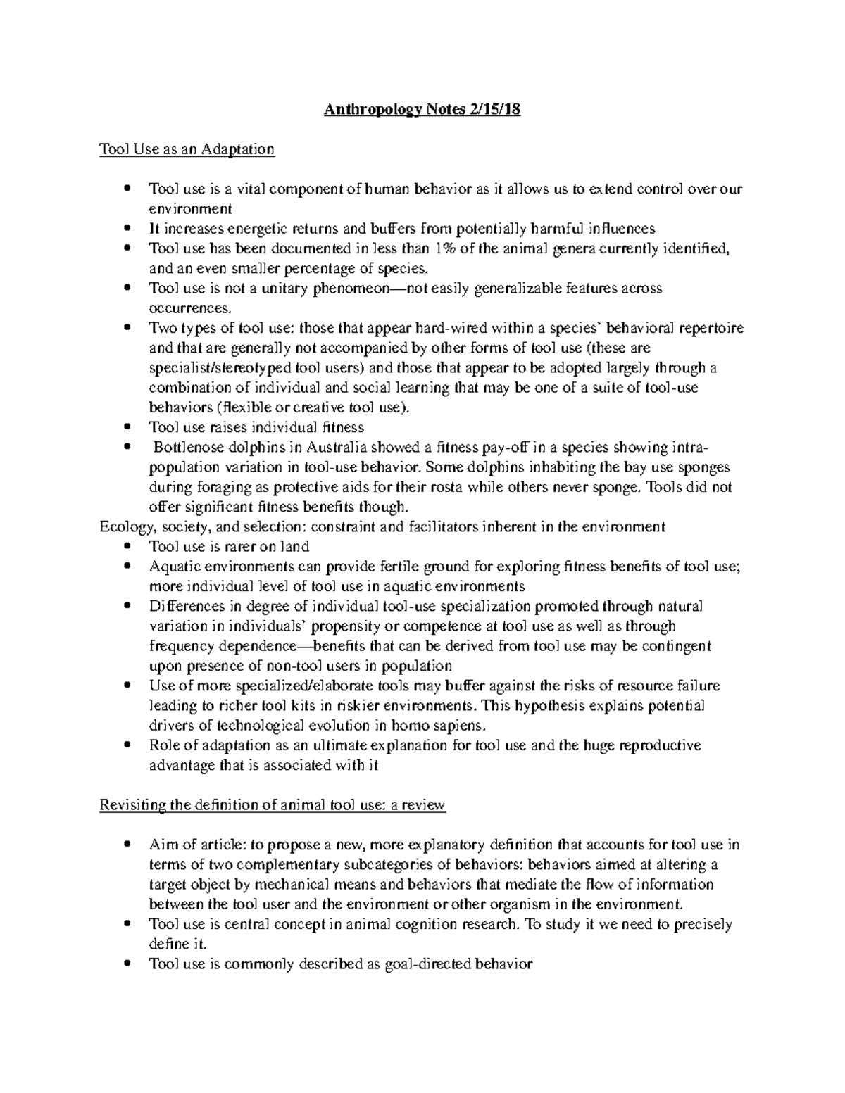 Anthropology Notes 2 15 18 - Anthropology Notes 2/15/ Tool Use as an ...