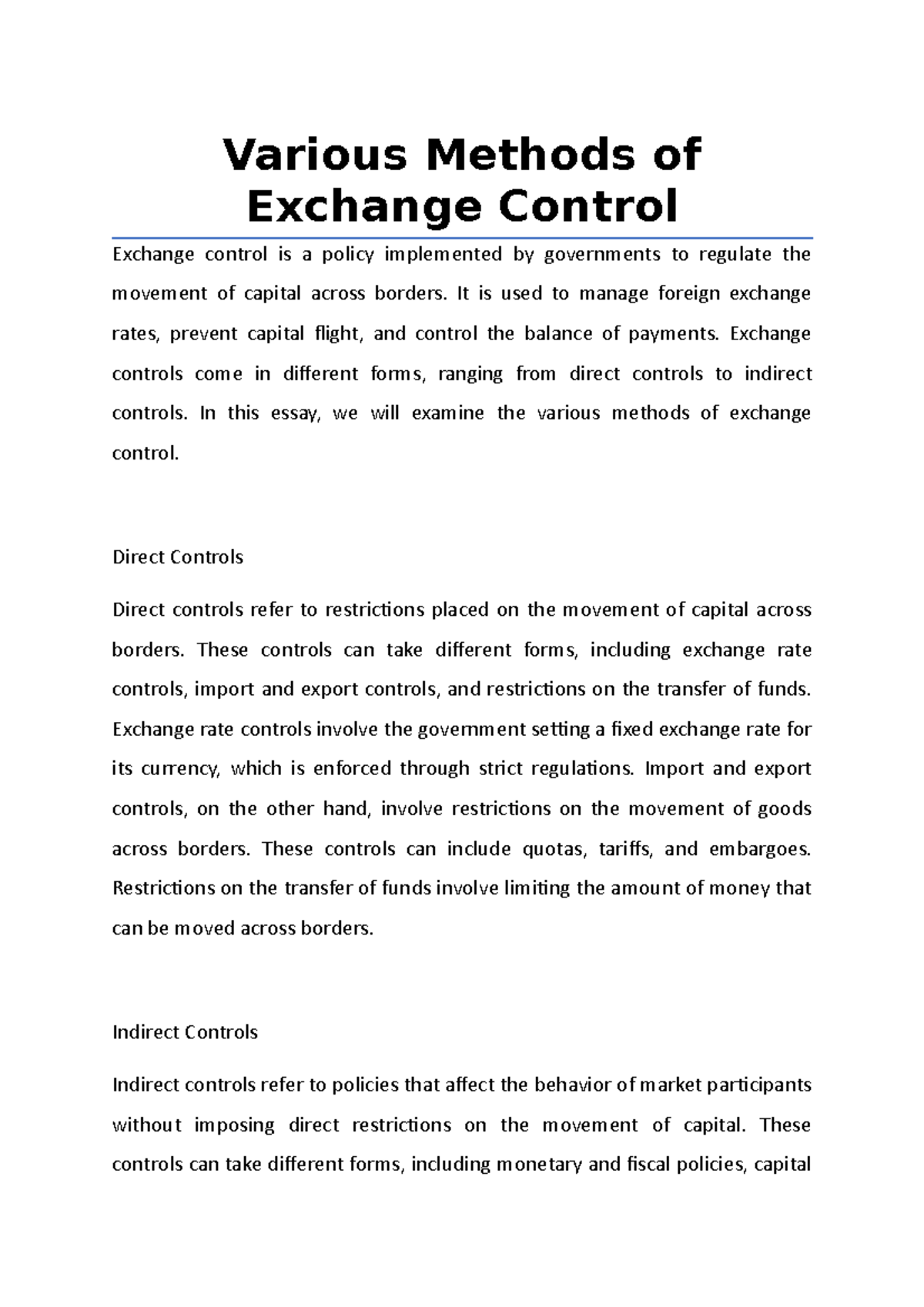 Note on Various Methods of Exchange Control - Various Methods of ...