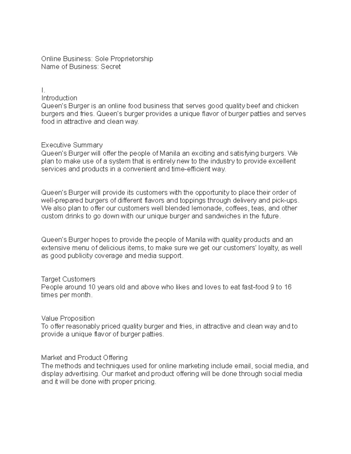 Allison Shore Business Plan. Preference - Online Business: Sole ...