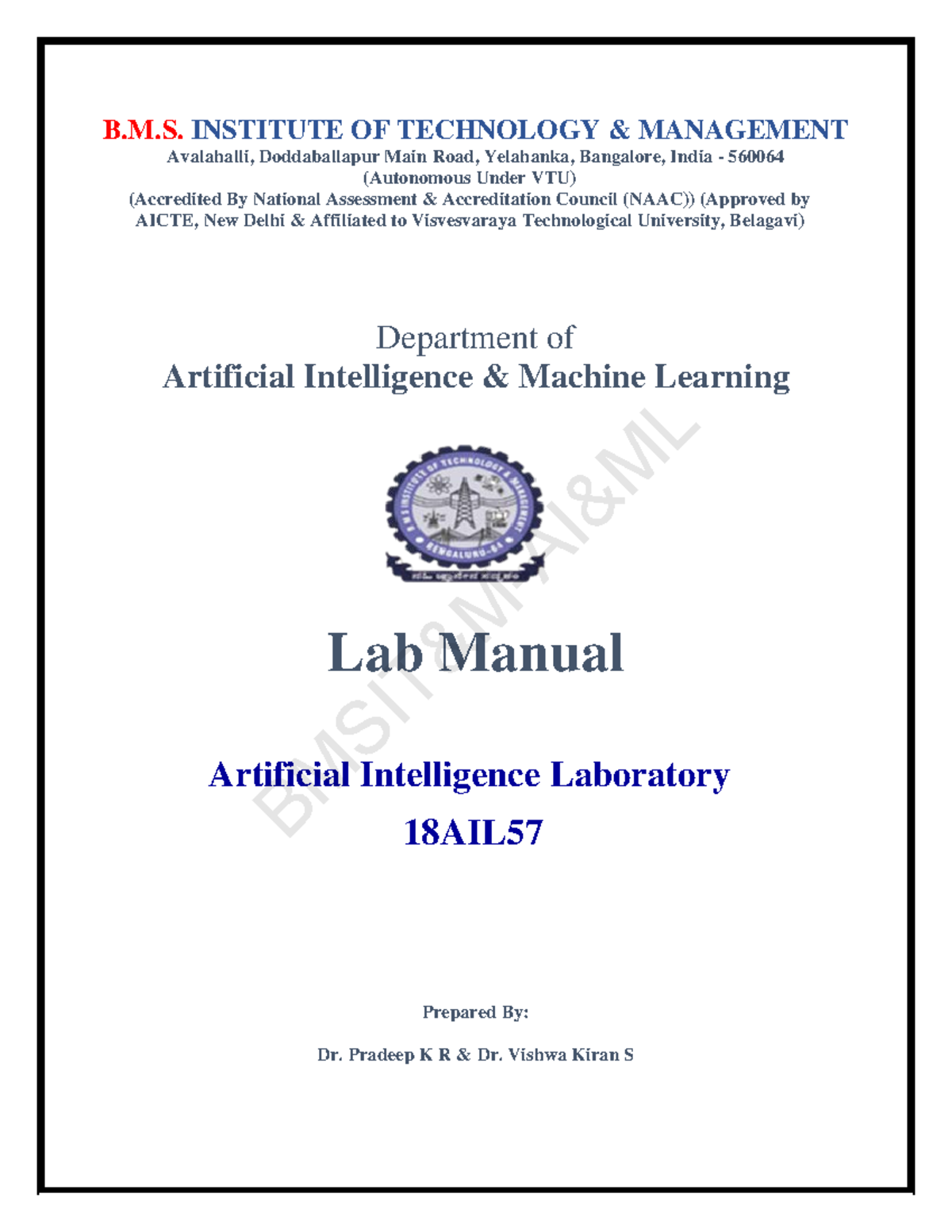 PAI LAB Manual - B.M. INSTITUTE OF TECHNOLOGY & MANAGEMENT Avalahalli, Doddaballapur Main Road ...