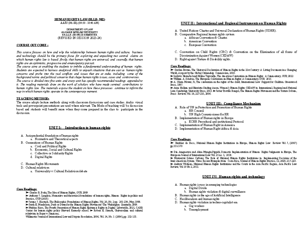 Human Rights Syllabus LAIGARH MUSLIM UNIVERSITY CENTRE MURSHIDAVAD ...