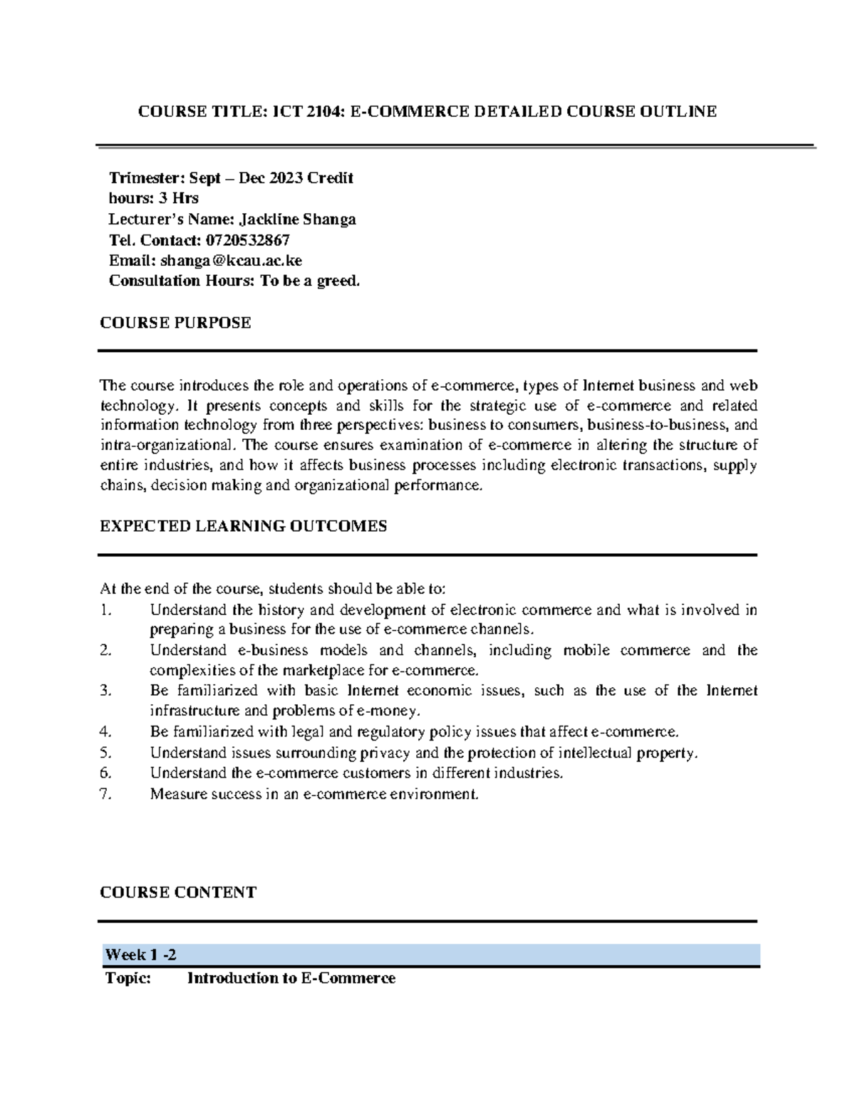 ICT 2104 Ecommerce 2023 Course Outline - COURSE TITLE: ICT 2104: E ...