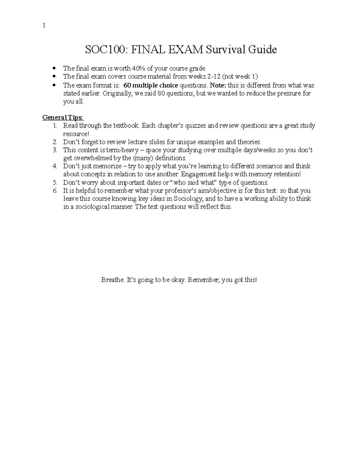 SOC100H1F - Final Exam Study Guide - SOC100: FINAL EXAM Survival Guide ...