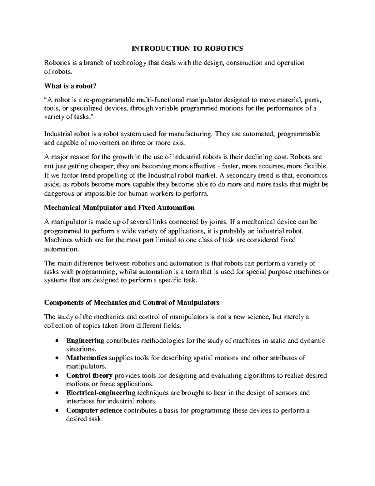 Robotics Class note Introduction= - INTRODUCTION TO ROBOTICS Robotics ...