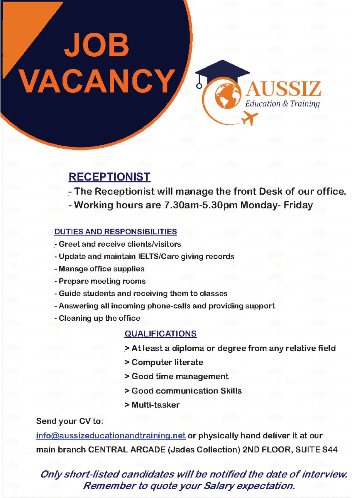 JOB Advert - JOB VACANCY DUTIES AND RESPONSIBILITIES Greet and receive ...