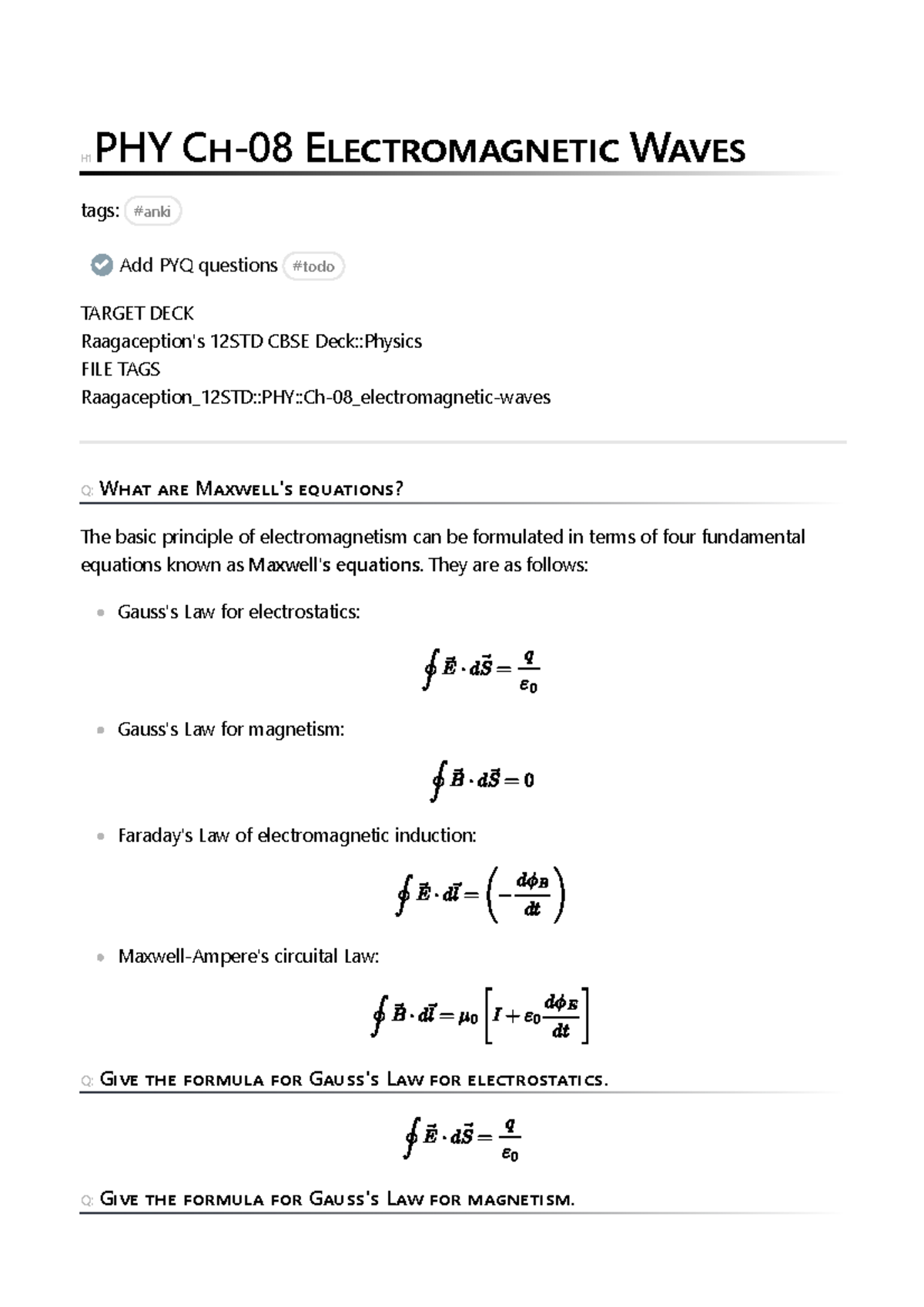 PHY Ch-08 Electromagnetic Waves - H1 PHY C-08 E W tags: #anki Add PYQ questions #todo TARGET ...