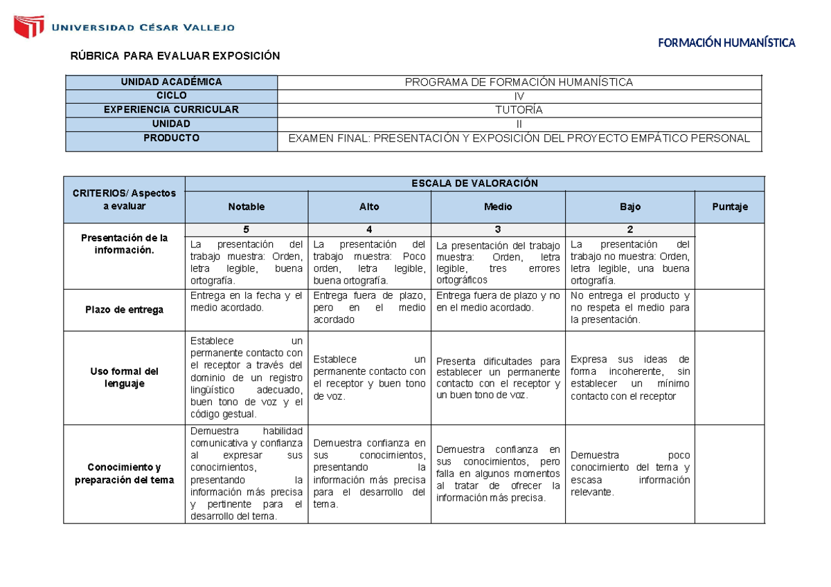 Rubrica - Pres PEP - BUENA - FORMACIÓN HUMANÍSTICA RÚBRICA PARA EVALUAR ...