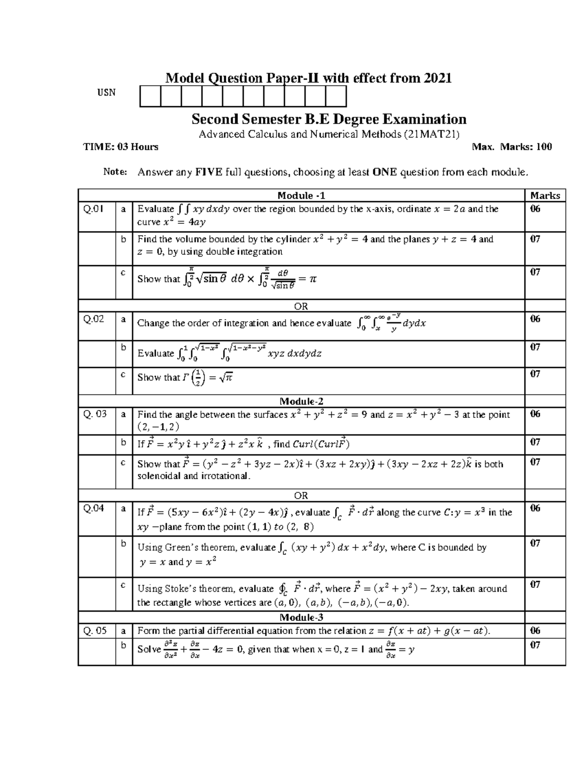 21MAT21set2 - Dhh - Model Question Paper-II with effect from 2021 USN Second Semester B Degree ...