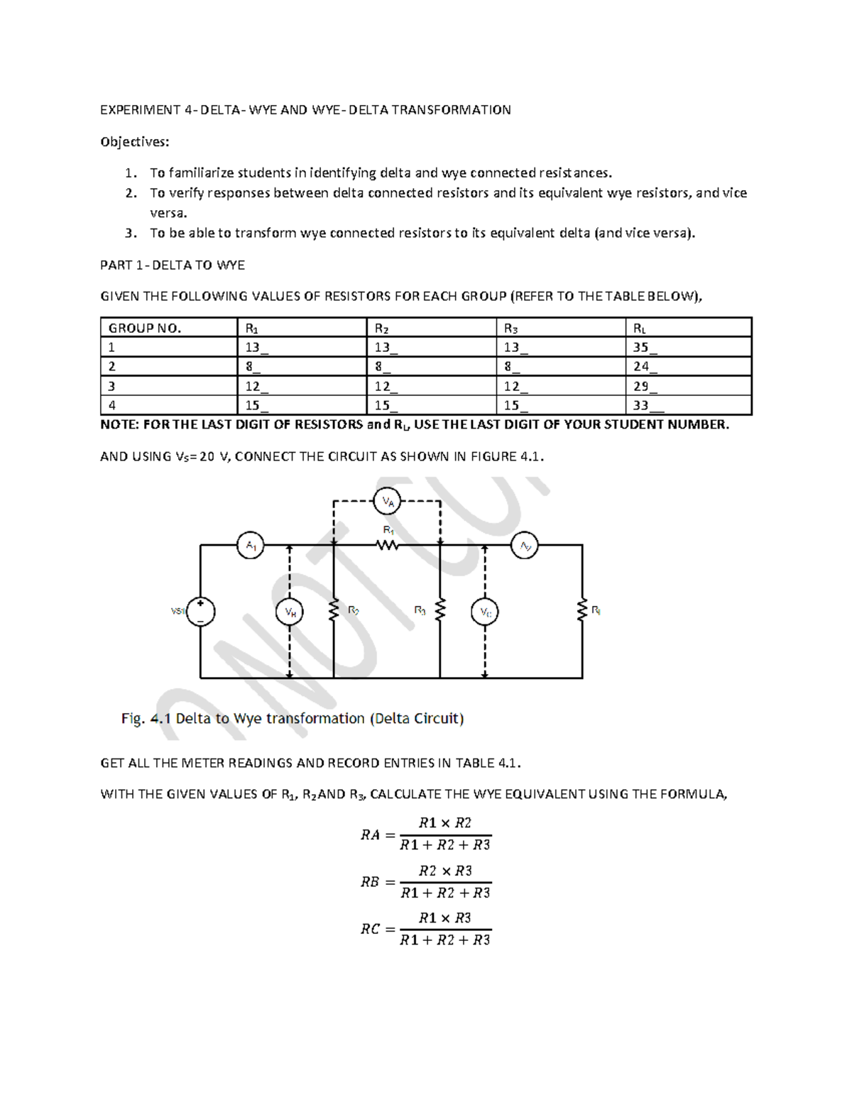 Experiment 4 Procedure for Module 2 and 3 - EXPERIMENT 4- DELTA- WYE AND WYE- DELTA ...