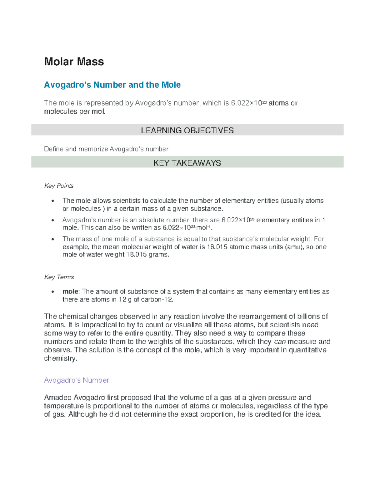 Summary Notes of Chemistry - Molar Mass Avogadro’s Number and the Mole ...
