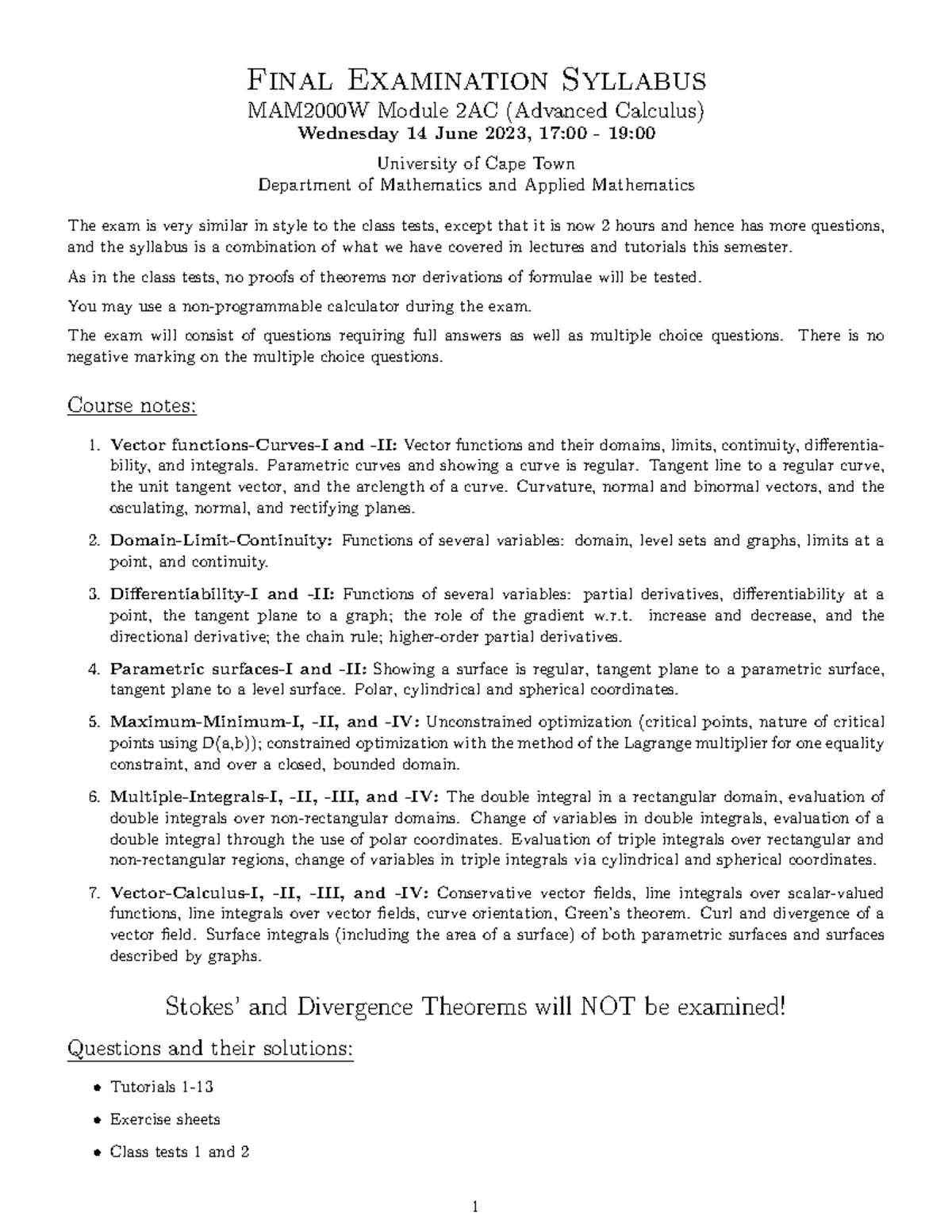 Exam syllabus 2023 - Exercise sheet - Final Examination Syllabus ...