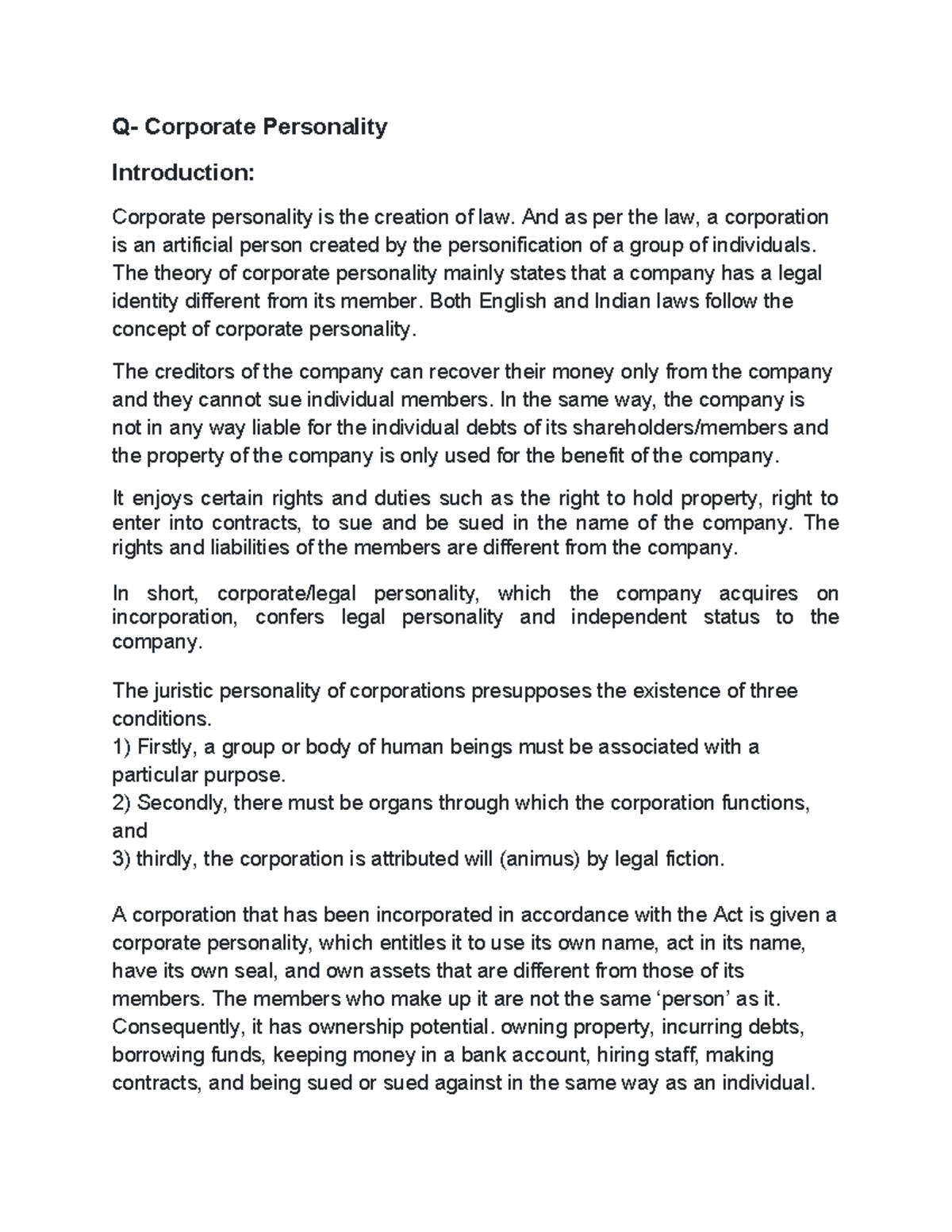 Company Law notes - Q- Corporate Personality Introduction ...