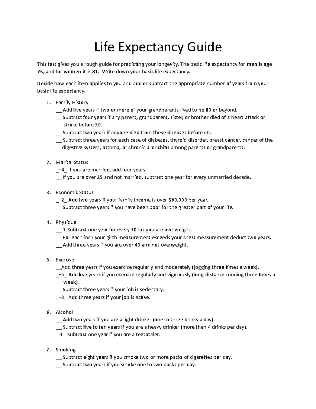 21.PSY 1100 Assignments Life Expectancy Guide - Life Expectancy Guide ...