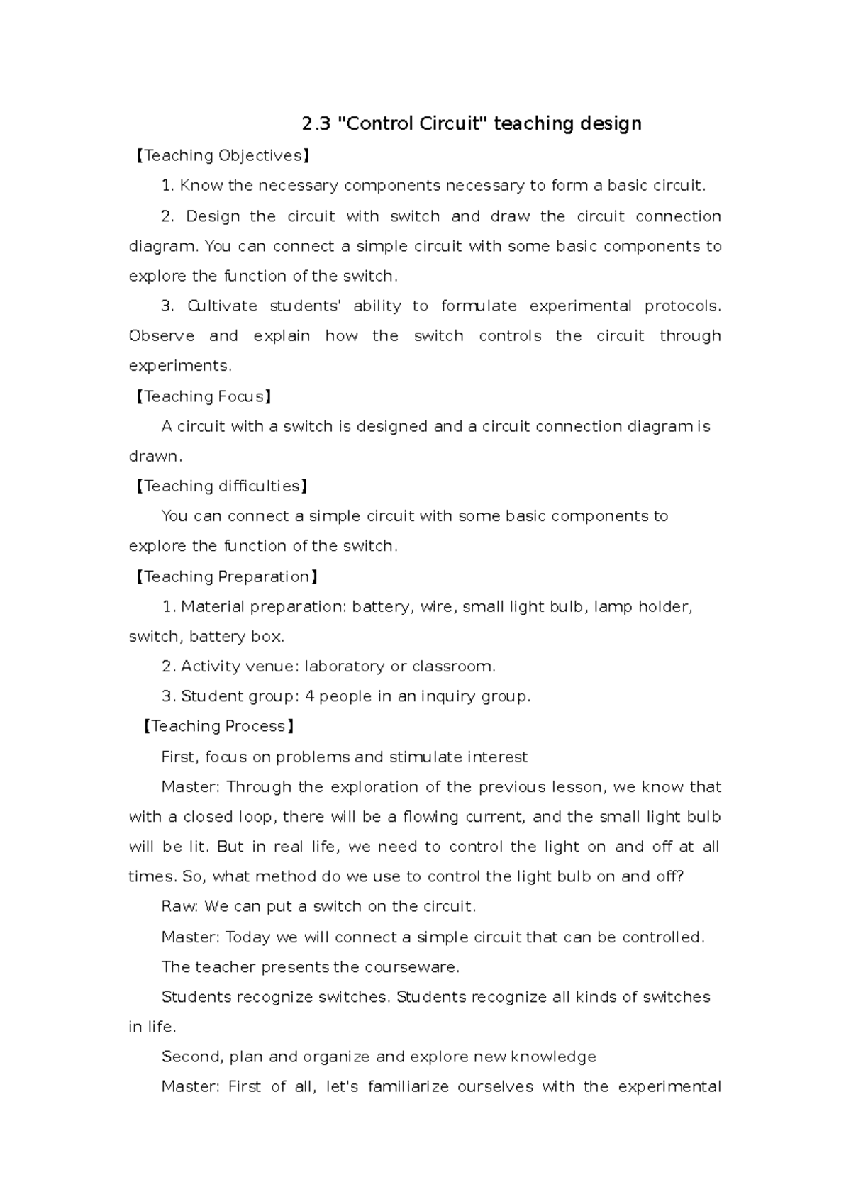 2.3 "Control Circuit" teaching design - 2 "Control Circuit" teaching ...