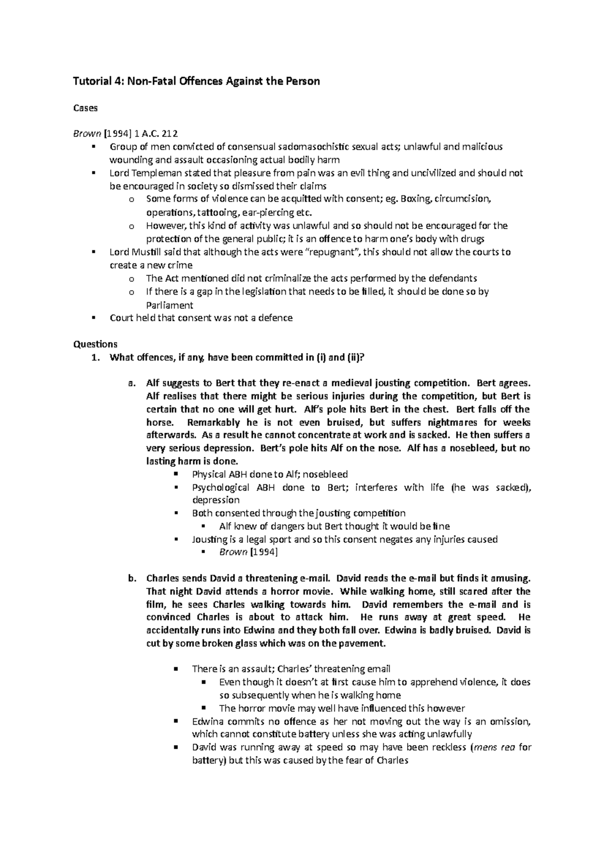 Non-Fatal Offences Against the Person - Tutorial 4: Non-Fatal Offences ...