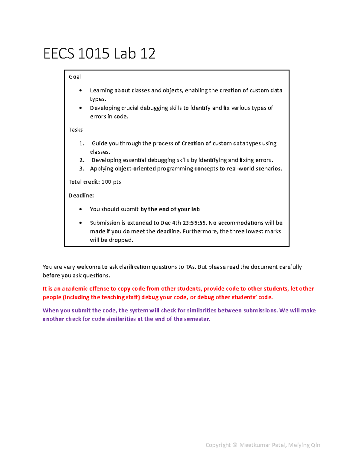 Lab12 Handout v2 - lab - EECS 1015 Lab 12 You are very welcome to ask ...