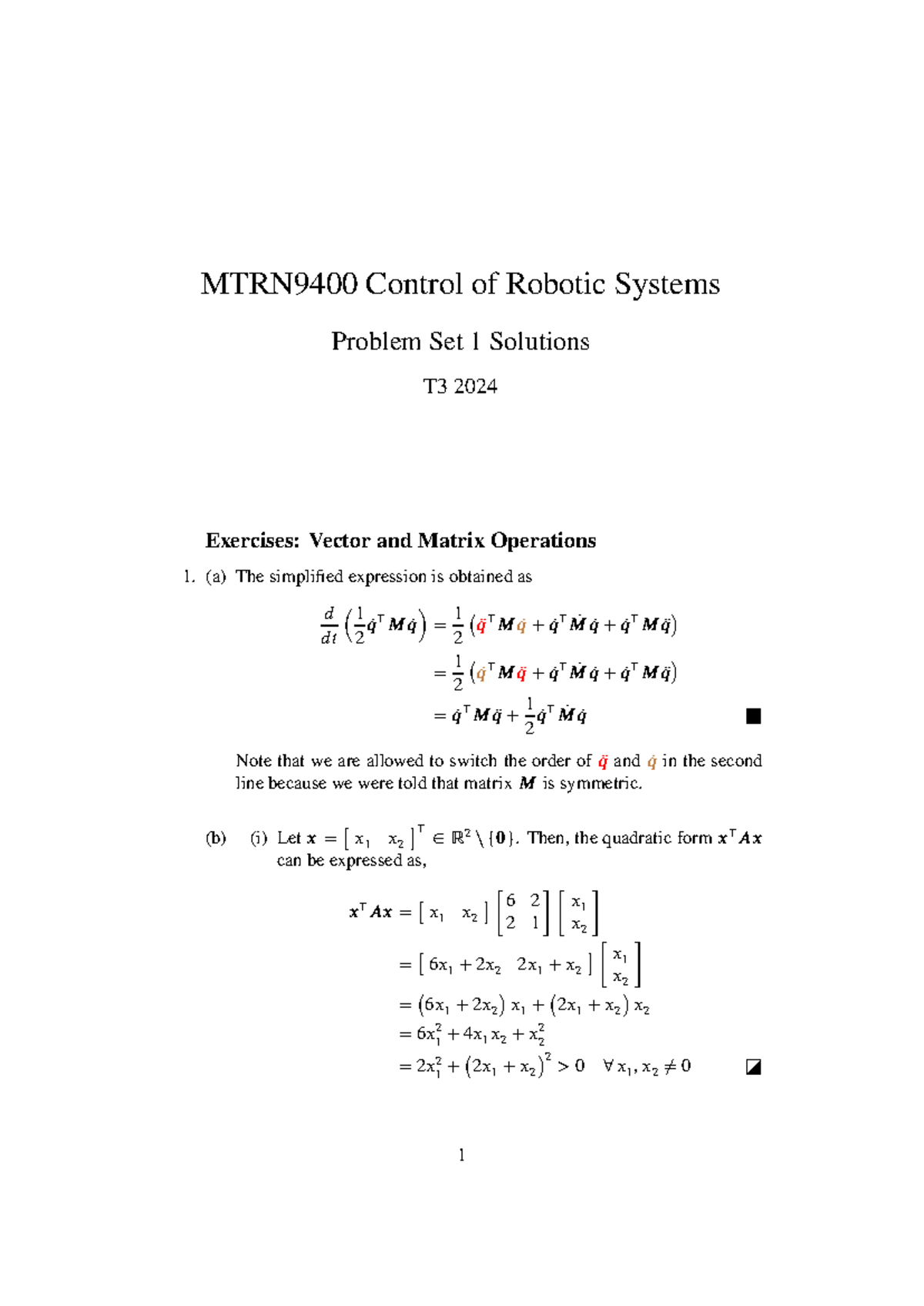 MTRN9400 2024 Problem set 1 Solutions - MTRN9400 Control of Robotic ...